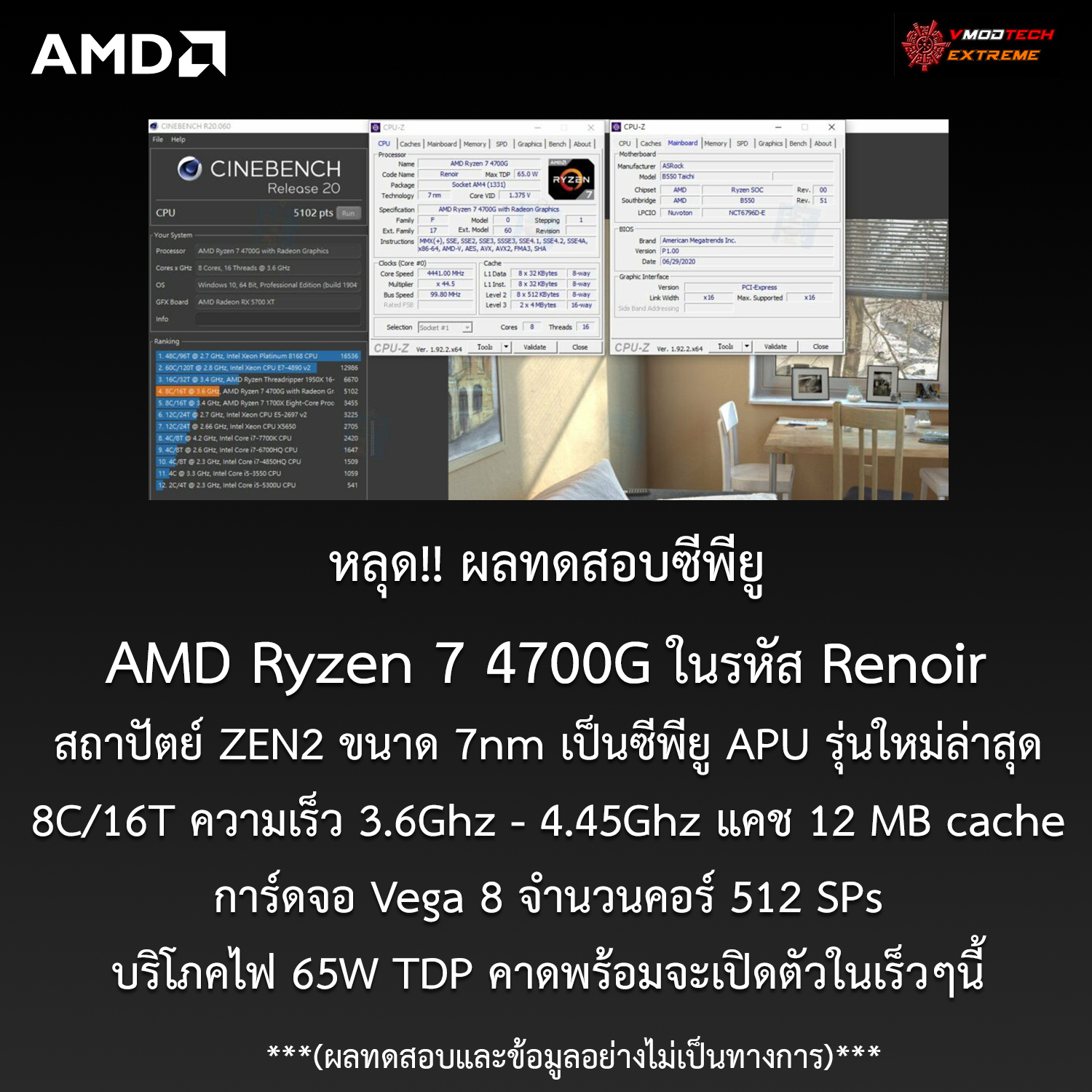 Welcome to Vmodtech.com : | หลุด!! ผลทดสอบซีพียู AMD Ryzen 7 4700G ในรหัส Renoir สถาปัตย์ ZEN2 ...