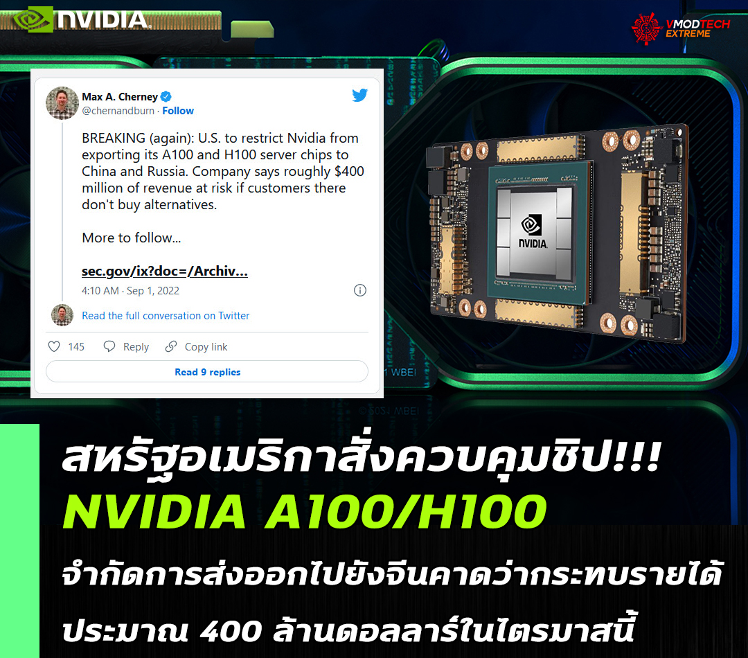 Welcome to Vmodtech.com : | สหรัฐอเมริกาสั่งควบคุมชิป NVIDIA A100/H100 จำกัดการส่งออกไปยังจีนคาด ...