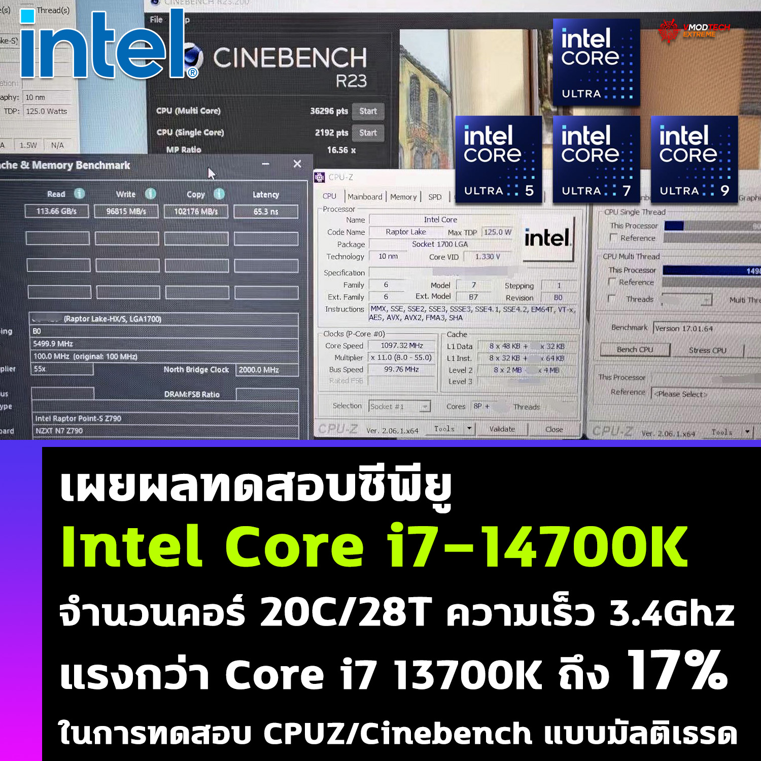 เผยผลทดสอบซีพียู Intel Core i7-14700K แรงกว่า 13700K ถึง 17% ในการทดสอบ CPUZ/Cinebench แบบมัลติ ...