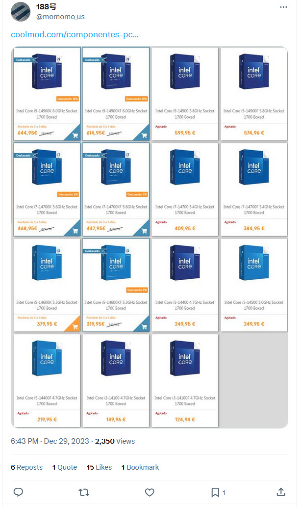 หลุดราคาซีพียู Intel 14th Gen Core non-K series จากร้านค้าปลีกในสเปนมาก ... หลุดราคาซีพียู Intel 14th Gen Core non-K series จากร้านค้าปลีกในสเปนมาก ...