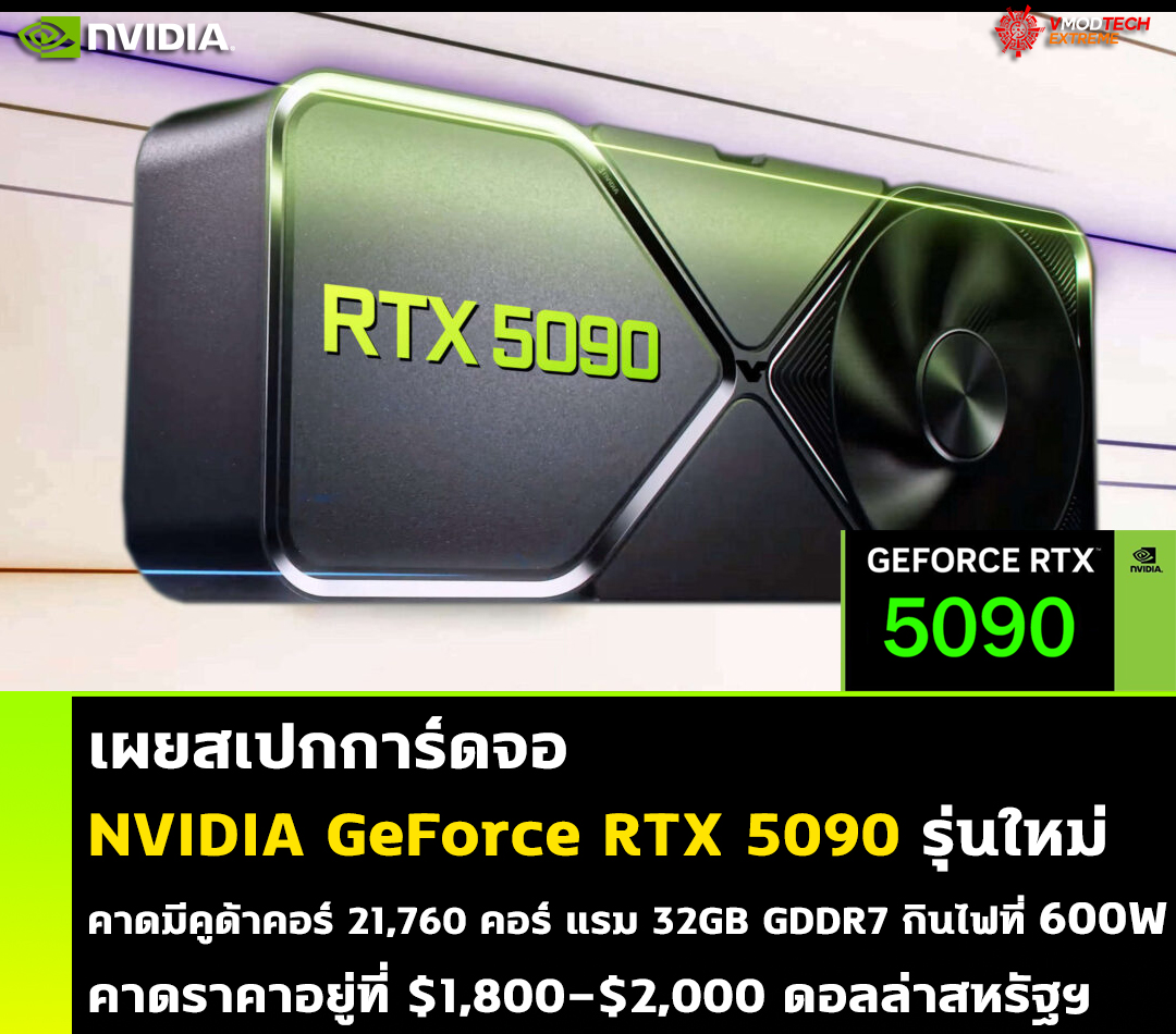 เผยสเปก NVIDIA GeForce RTX 5090 รุ่นใหม่ล่าสุดคาดมีคูด้าคอร์ 21,760 คอร์ แรม 32GB GDDR7 กินไฟที่ ...