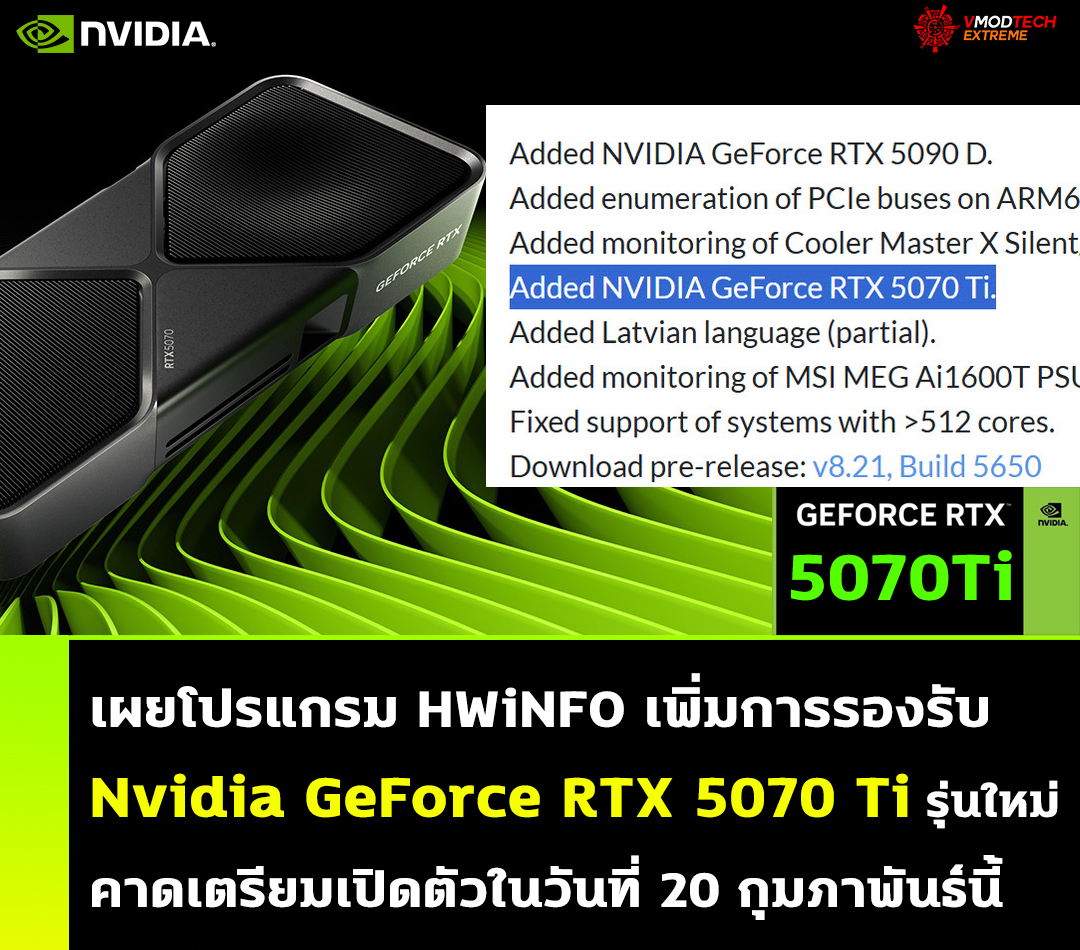 เผยโปรแกรม HWiNFO เพิ่มการรองรับ Nvidia GeForce RTX 5070 Ti รุ่นใหม่ล่าสุดคาดเตรียมเปิดตัวในเร็ว ...